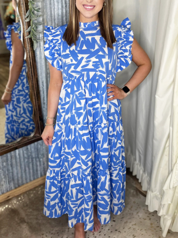 Printed Ruffle Sleeve Midi Dress