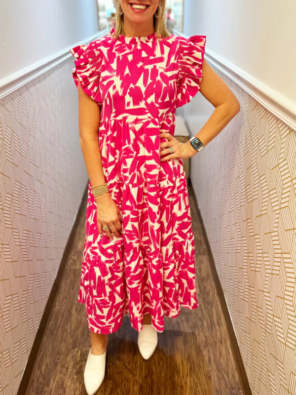 Printed Ruffle Sleeve Midi Dress