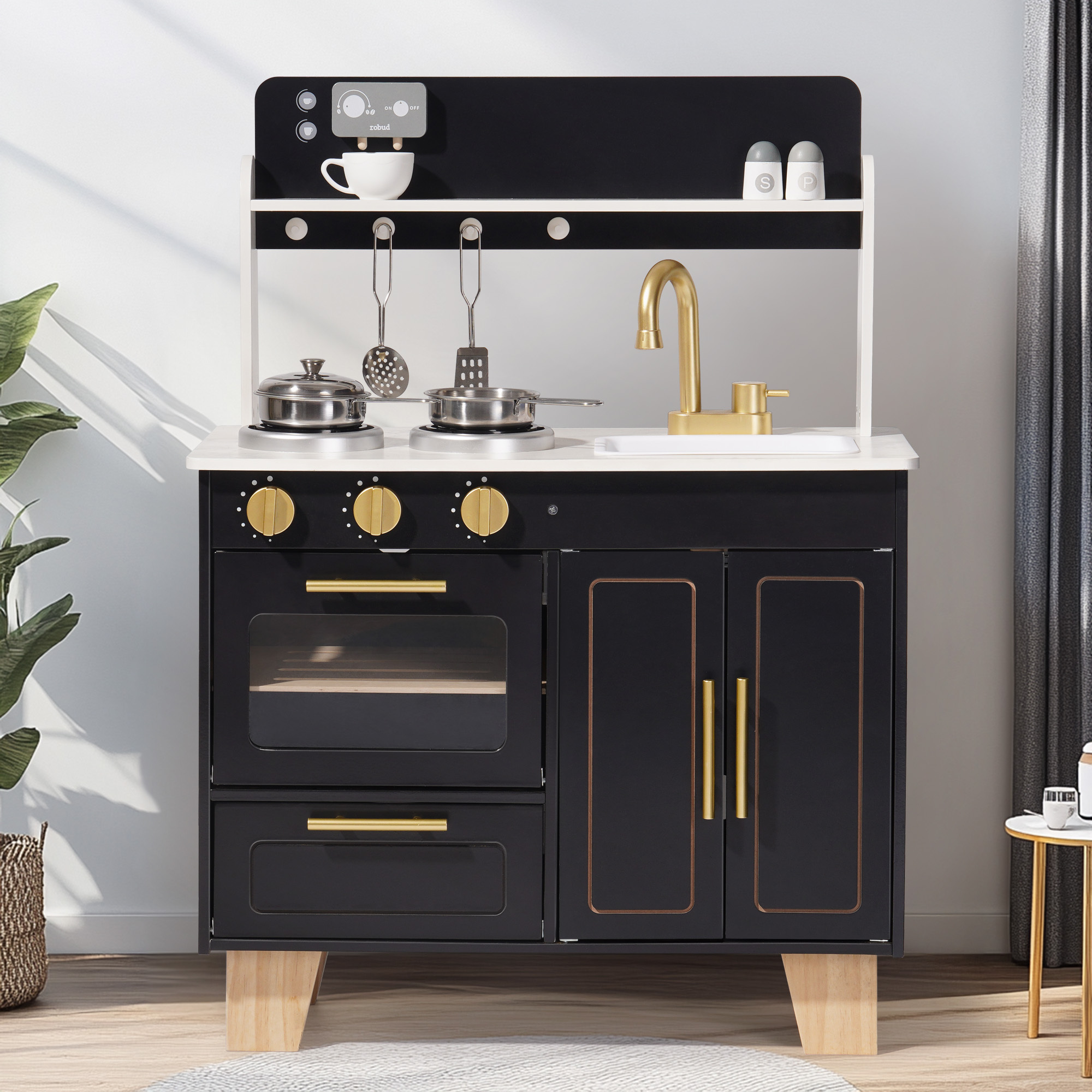 ROBUD Play Kitchen Set - Wooden Marble-Style Kitchen Playset with ...