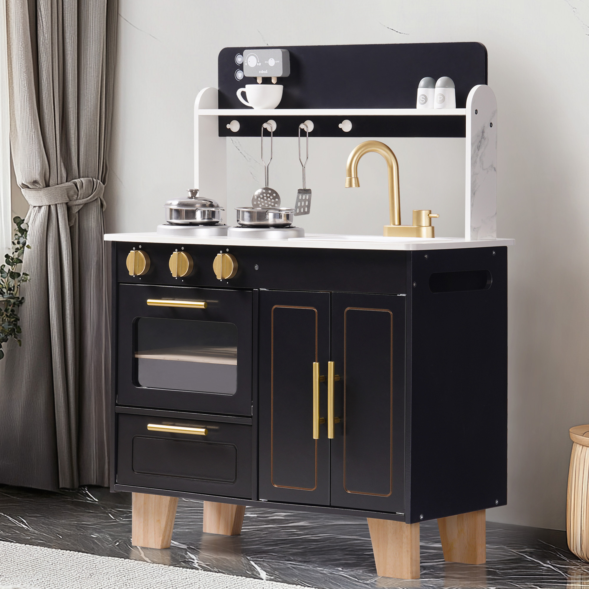 ROBUD Play Kitchen Set - Wooden Marble-Style Kitchen Playset with ...