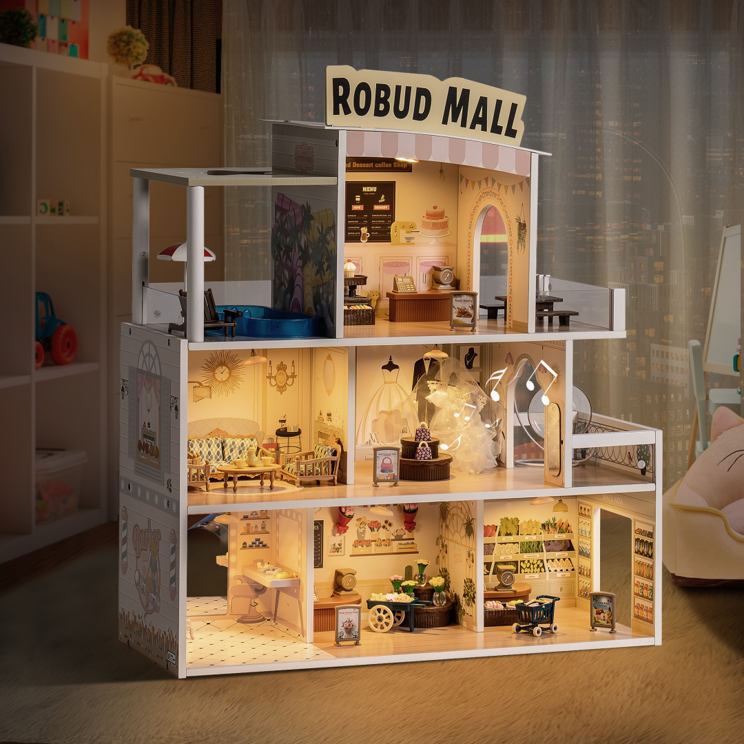 ROBUD Wooden Dollhouse - Shopping Mall Themed Doll House Pretend with ...