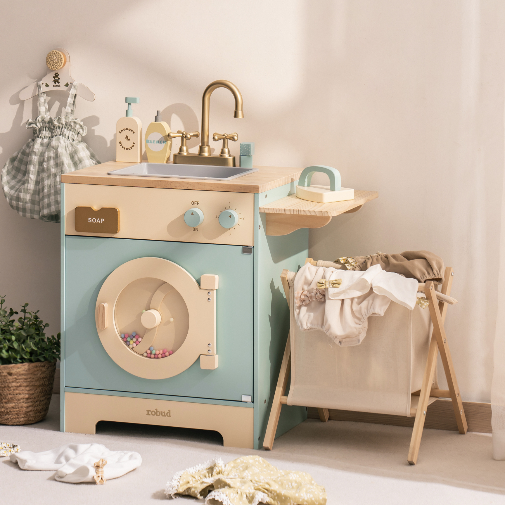 ROBUD Wooden Laundry Playset, Washer and Dryer Set for Kids, Realistic ...