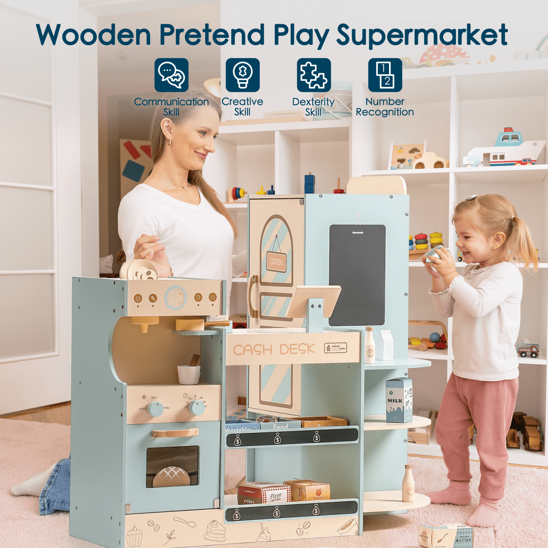 ROBUD Grocery Store Playset, Kids Play Store, Wooden Supermarket ...