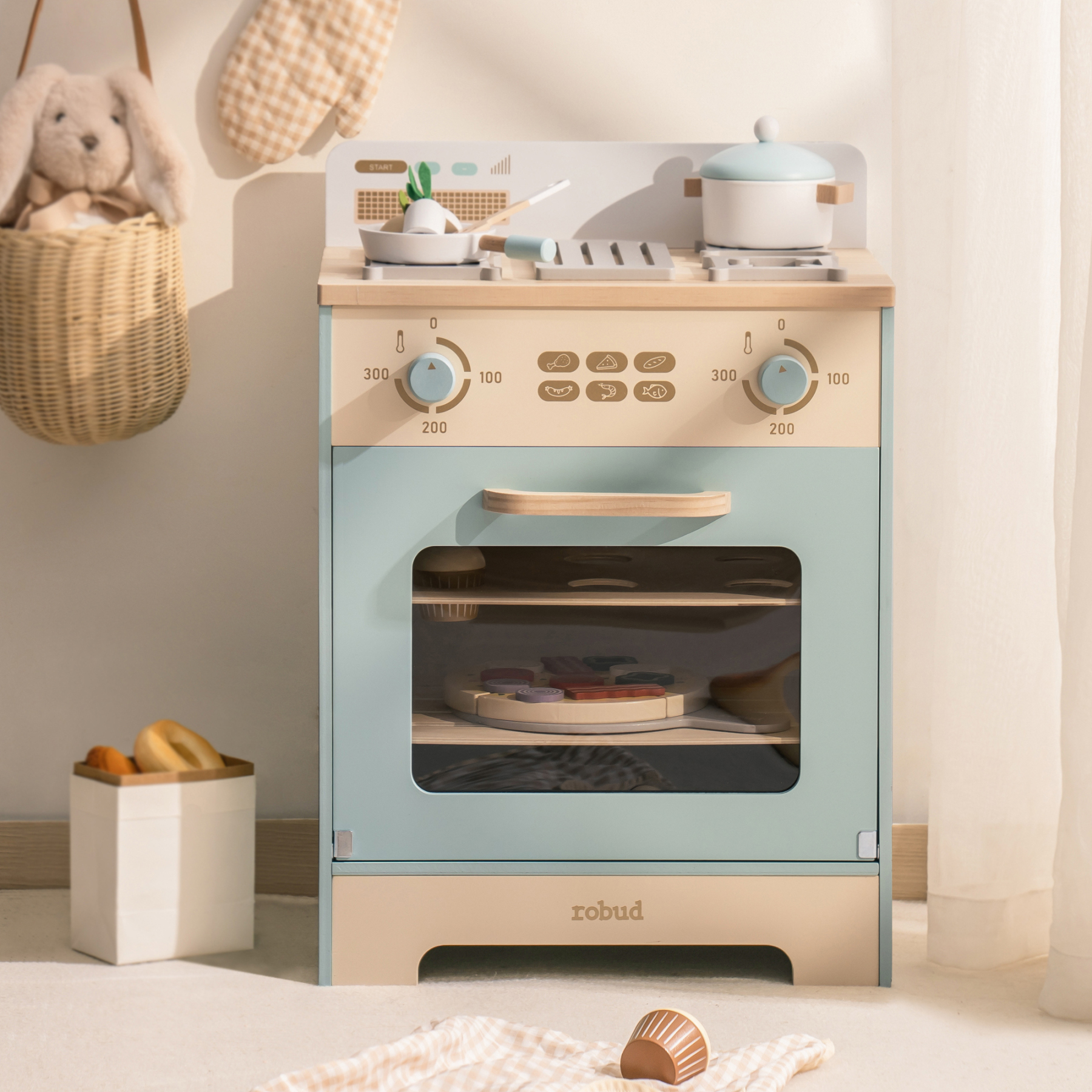 ROBUD Wooden Toy Kitchen Oven Playset | Montessori Pretend Play Kitchen ...