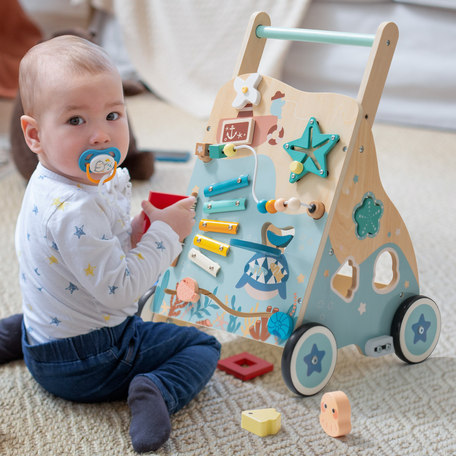 ROBUD Wooden Baby Push Walker Toy | Infant Activity Walker with 6-in-1 ...