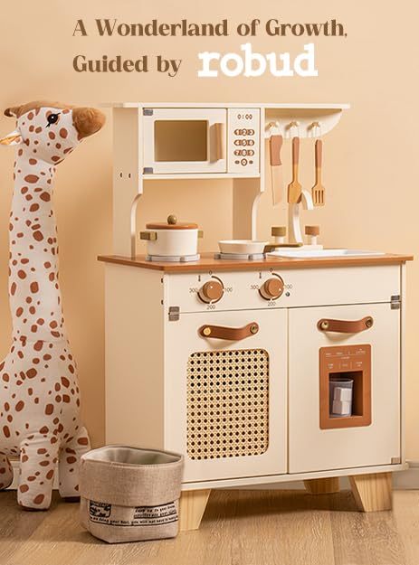 ROBUD Kids Kitchen Playset, Mocha Montessori Wooden Play Kitchen with ...