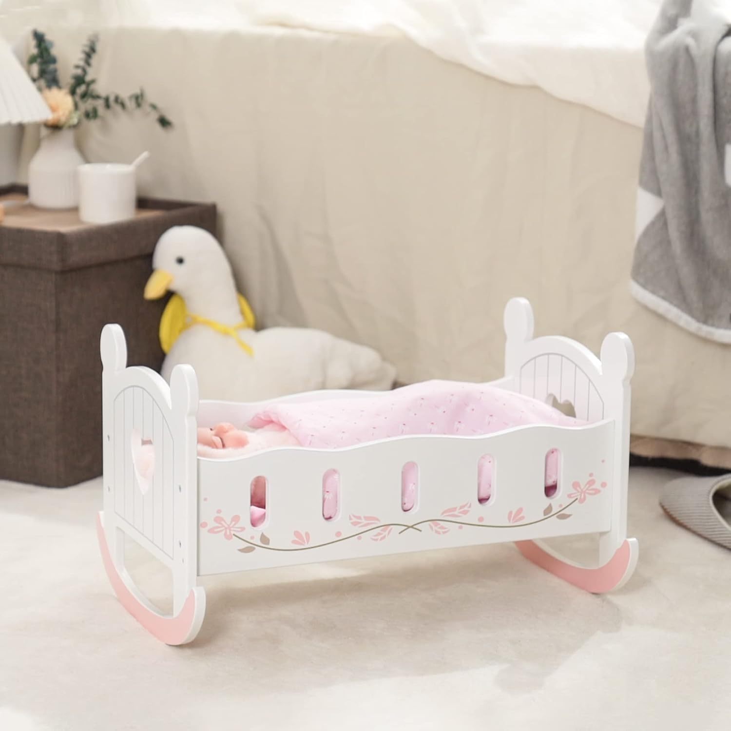 ROBUD Baby Doll Crib Wooden Doll Cradle with Bedding Doll Rocking ...