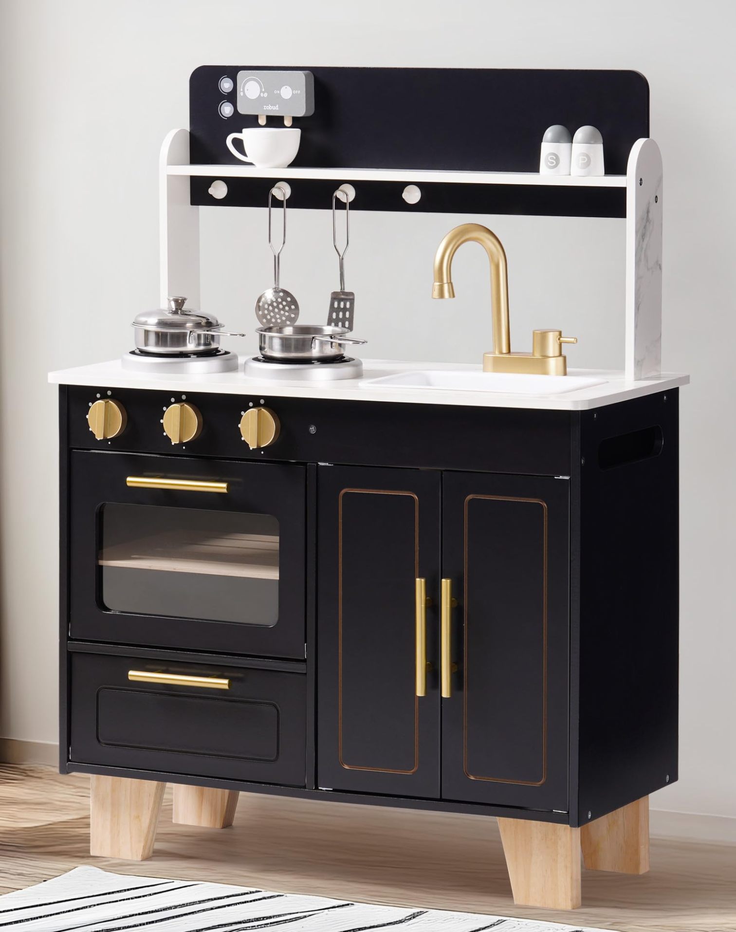 ROBUD Play Kitchen Set - Wooden Marble-Style Kitchen Playset with ...