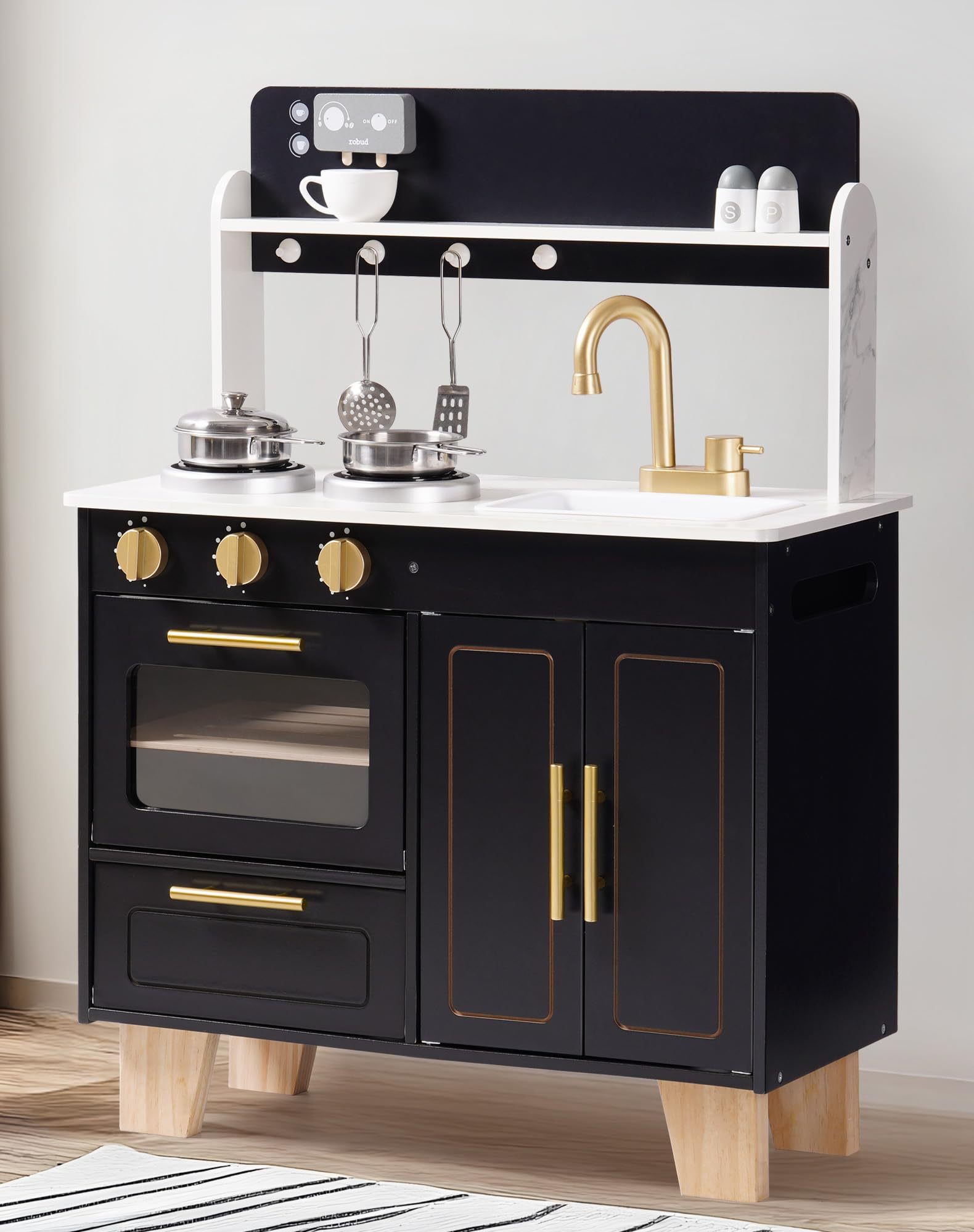 ROBUD Play Kitchen Set - Wooden Marble-Style Kitchen Playset with ...