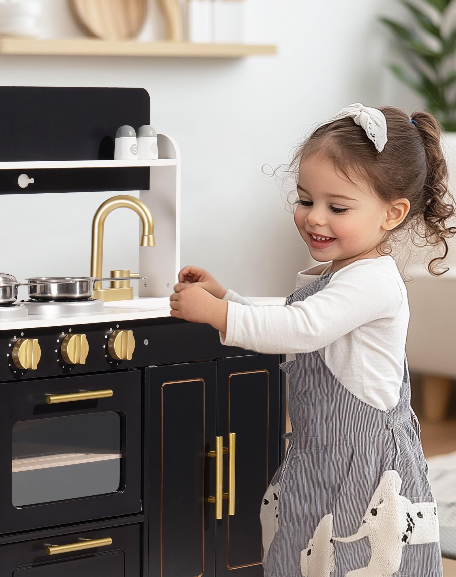 ROBUD Play Kitchen Set - Wooden Marble-Style Kitchen Playset with ...