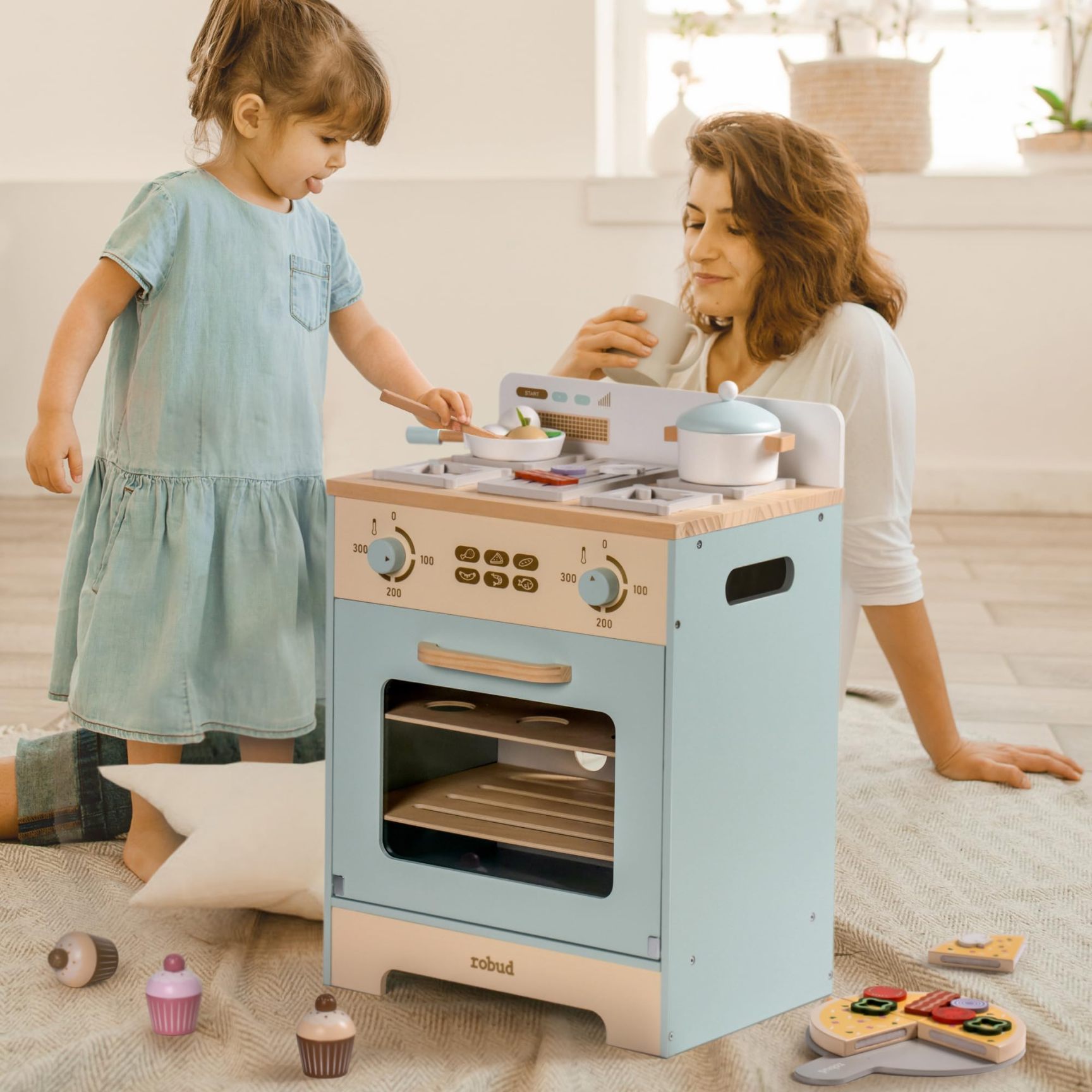 ROBUD Wooden Toy Kitchen Oven Playset | Montessori Pretend Play Kitchen ...