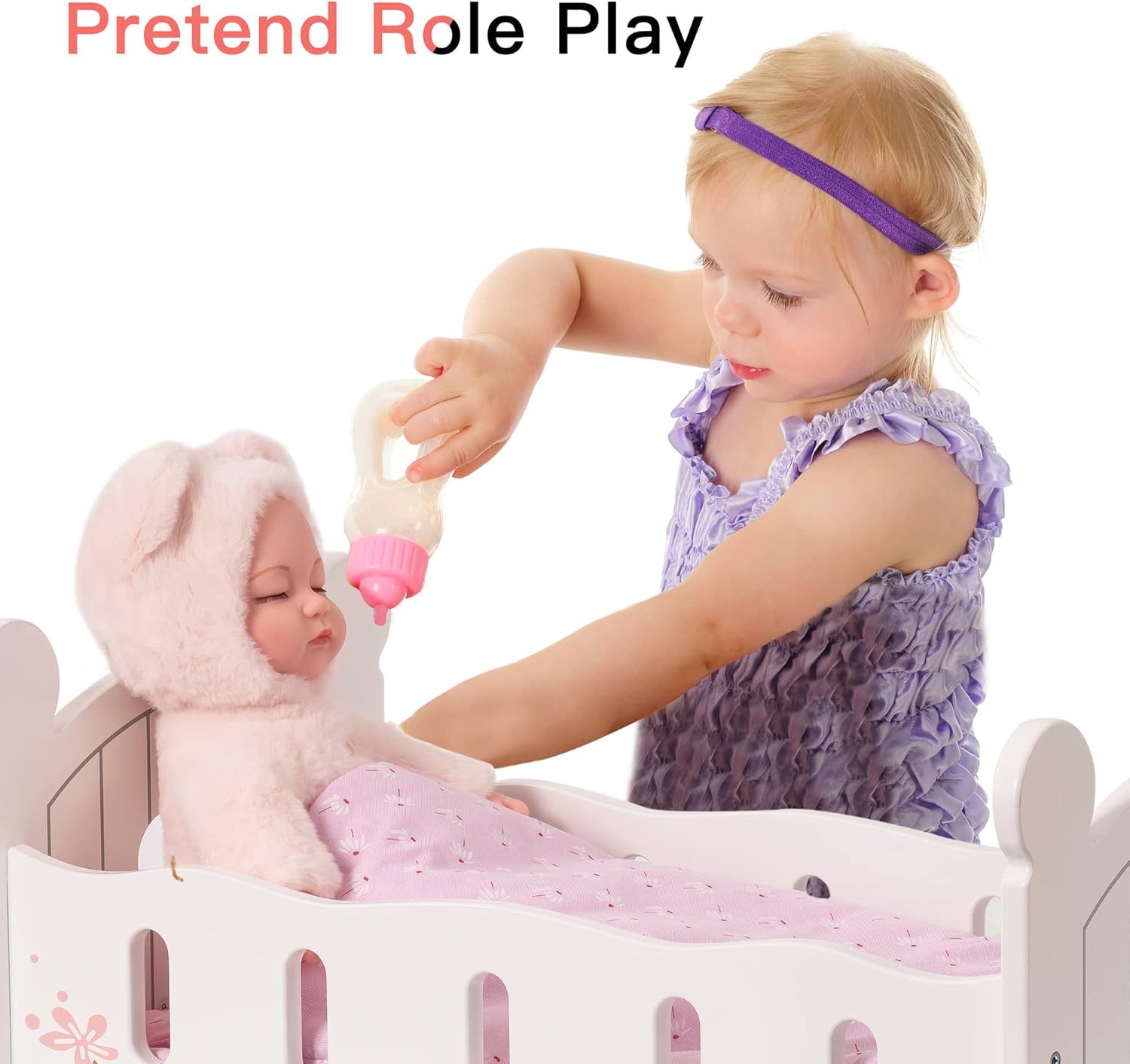 ROBUD Baby Doll Crib Wooden Doll Cradle with Bedding Doll Rocking ...