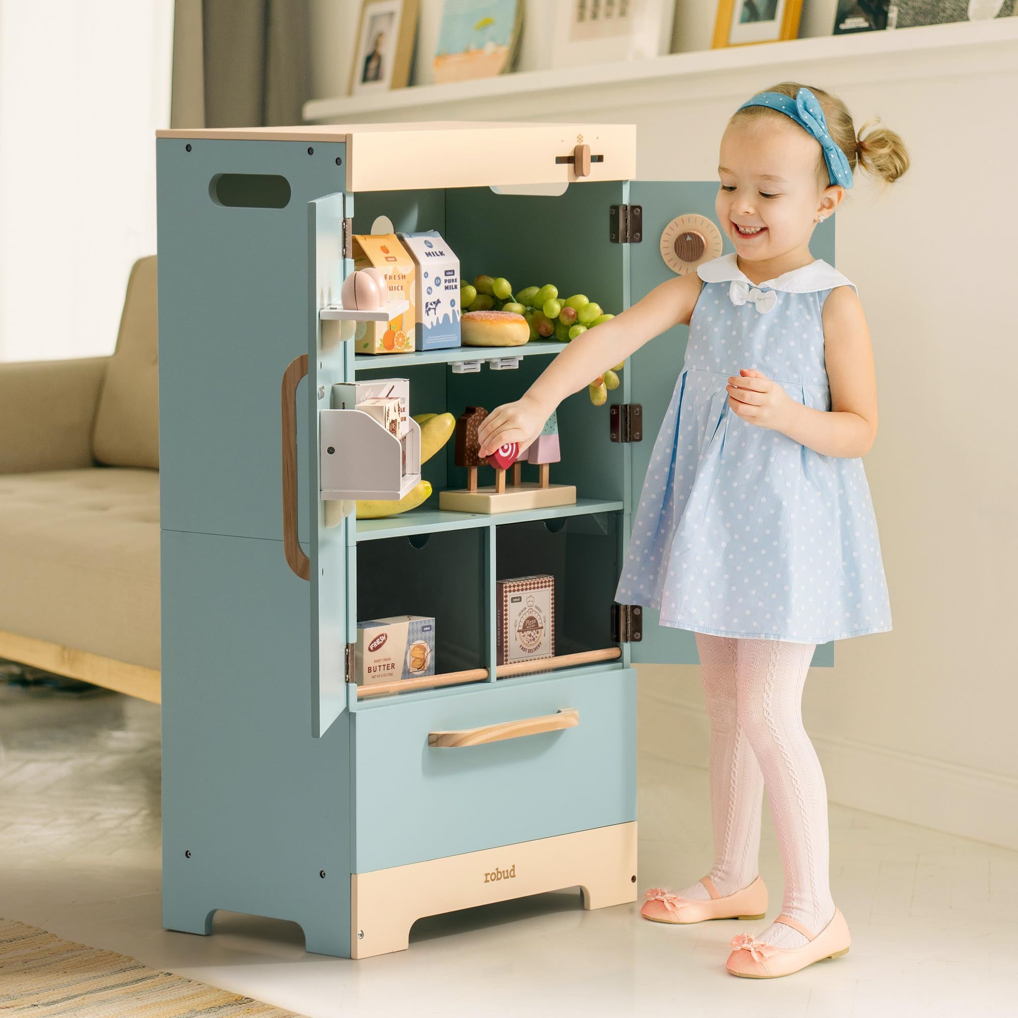 ROBUD Fridge Refrigerator with Ice Dispenser, Wooden Play Fridge ...