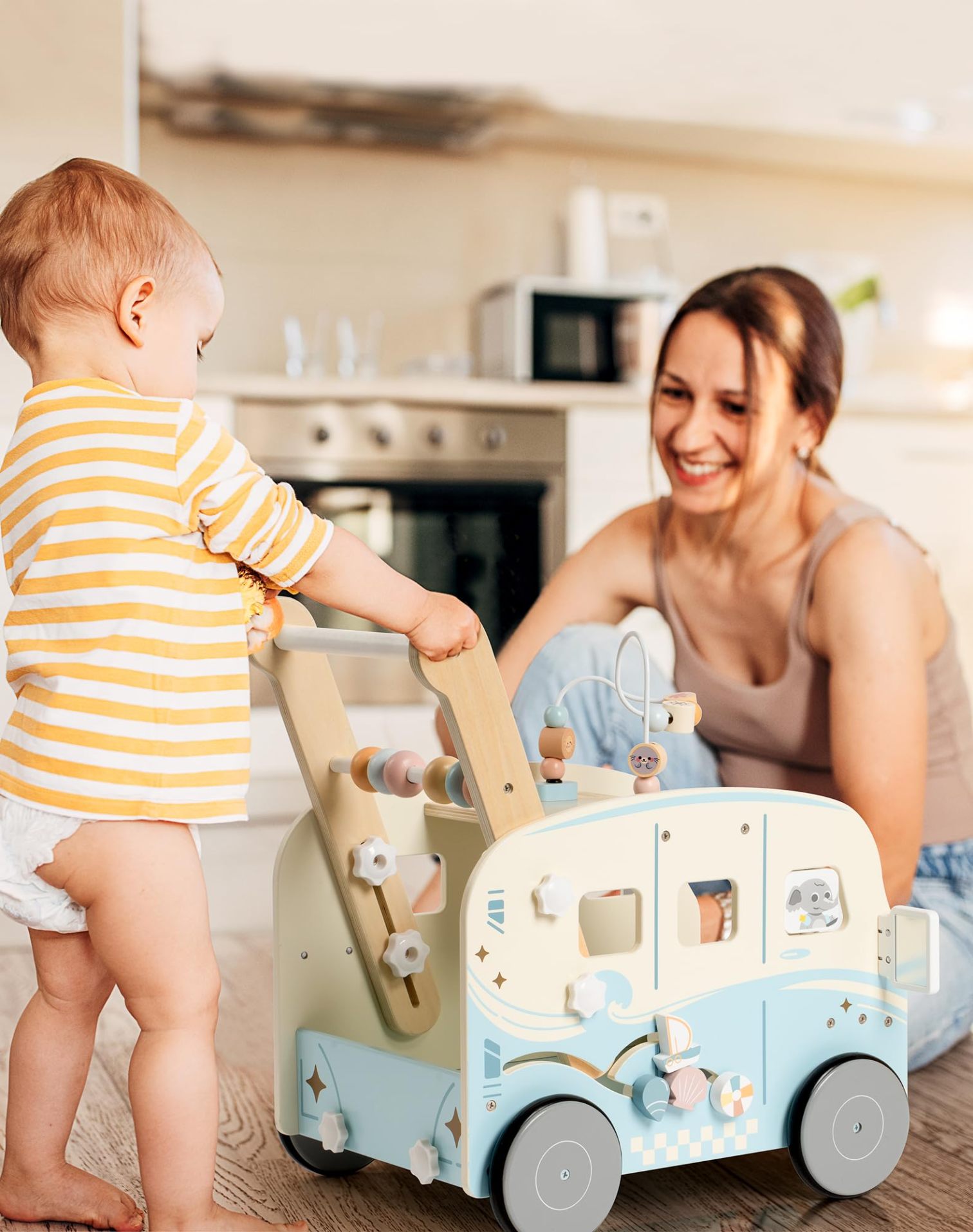 ROBUD Wooden Baby Push Walker Toy with Blocks | Infant Activity Center ...