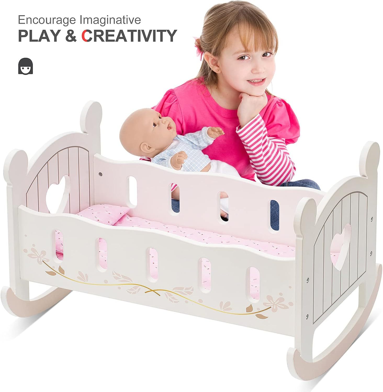 ROBUD Baby Doll Crib Wooden Doll Cradle with Bedding Doll Rocking ...