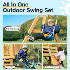 ROBUD Wooden Swing Sets for Backyard with Two Swings, Slide, Rock ...