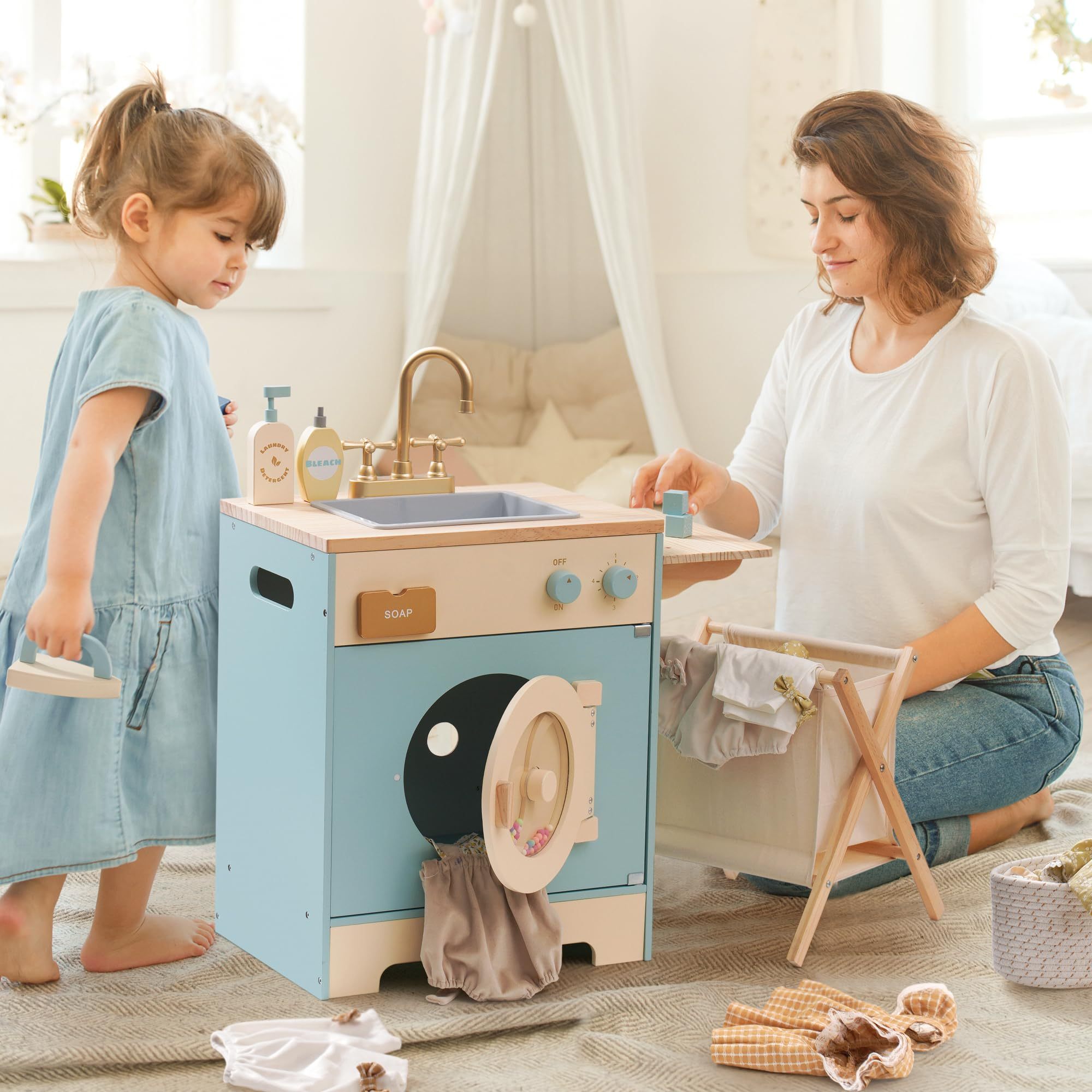 ROBUD Wooden Laundry Playset, Washer and Dryer Set for Kids, Realistic ...