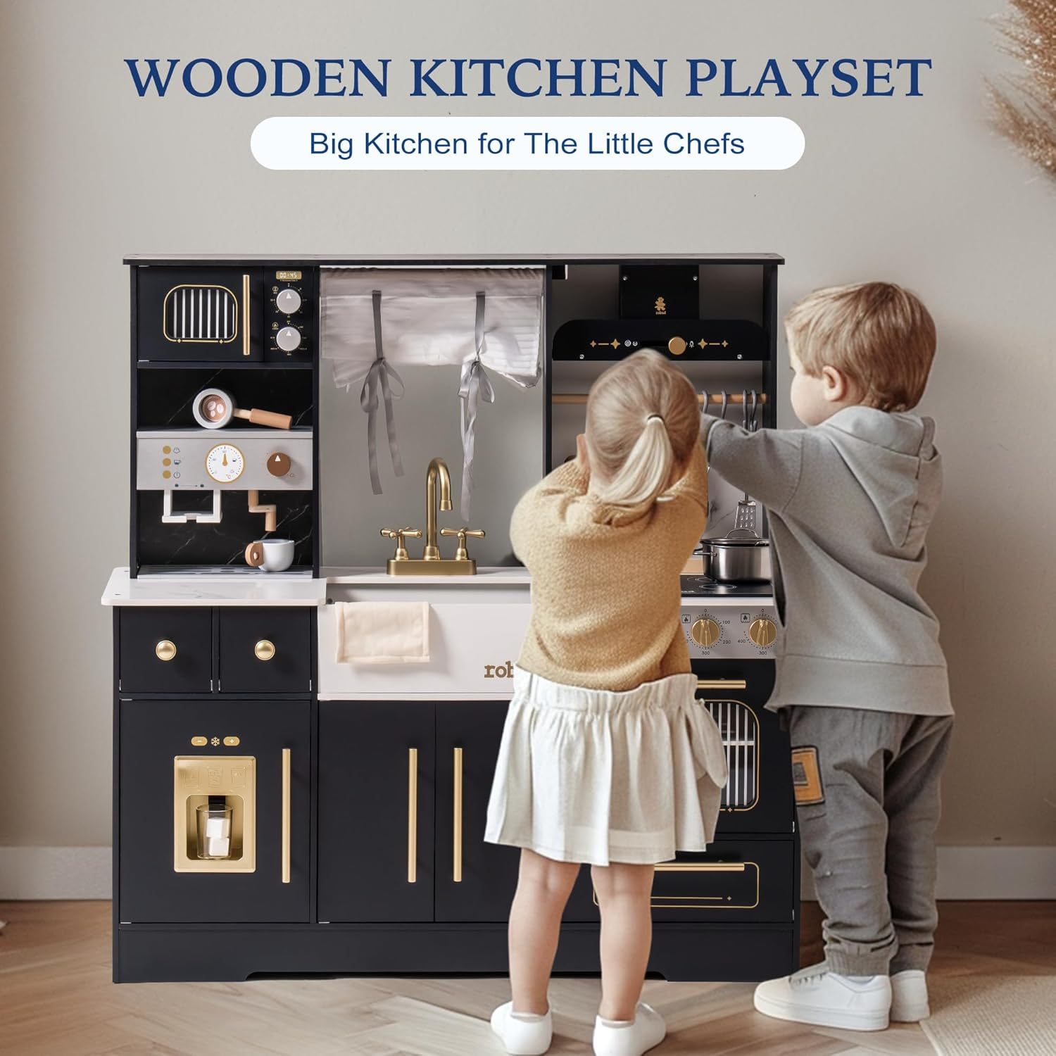 ROBUD Modern Large Play Kitchen Set for Kids Black | Realistic Wooden ...