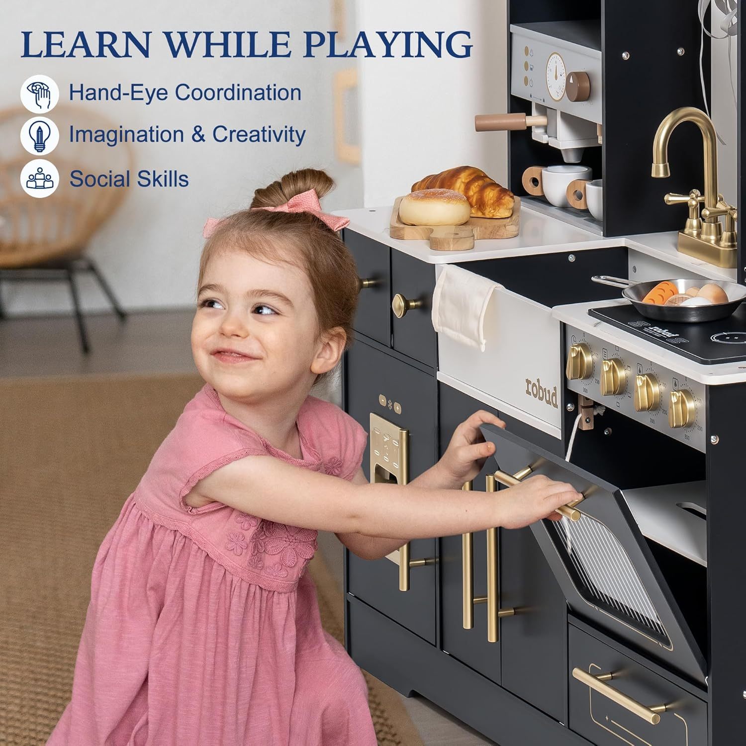 ROBUD Modern Large Play Kitchen Set for Kids Black | Realistic Wooden ...