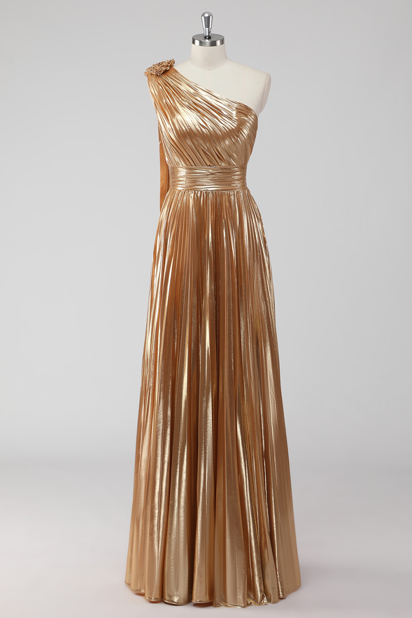 Leely Women Golden Metallic A-Line Formal Dress One Shoulder Pleated ...