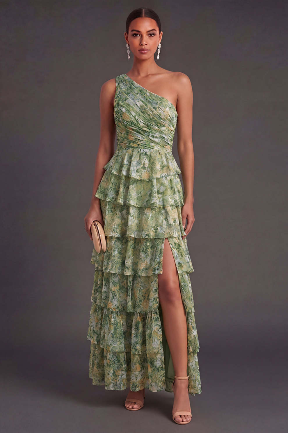 Leely Women Dusty Green Tiered Floral A Line Ruffled Long Wedding Guest ...