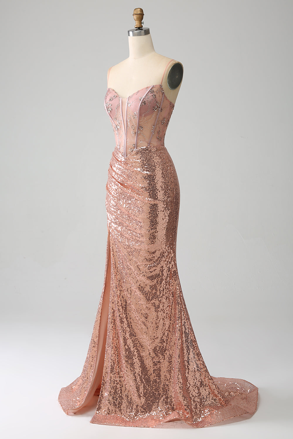 Leely Women Rose Gold Prom Dress Mermaid Beaded Ruched Sequin Corset Evening Gala Dress With Side Slit