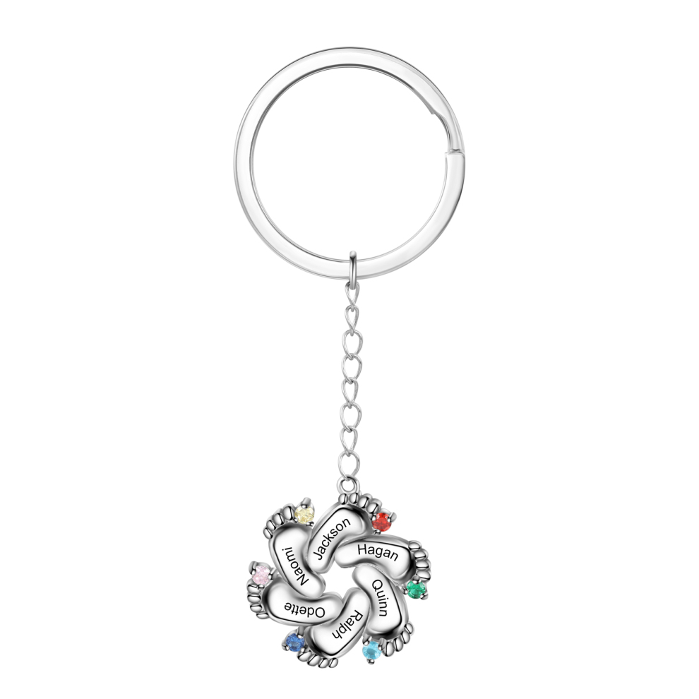 Personalized Baby Feet Keychain With 6 Birthstones Engraved names ...