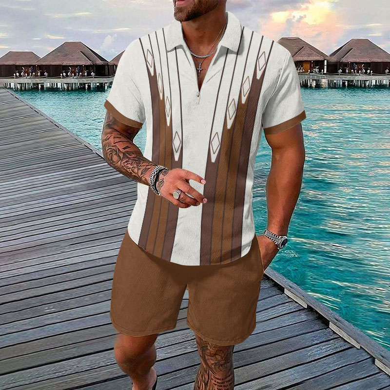 Colorblock Ethnic Striped Print Short Sleeve Polo Set