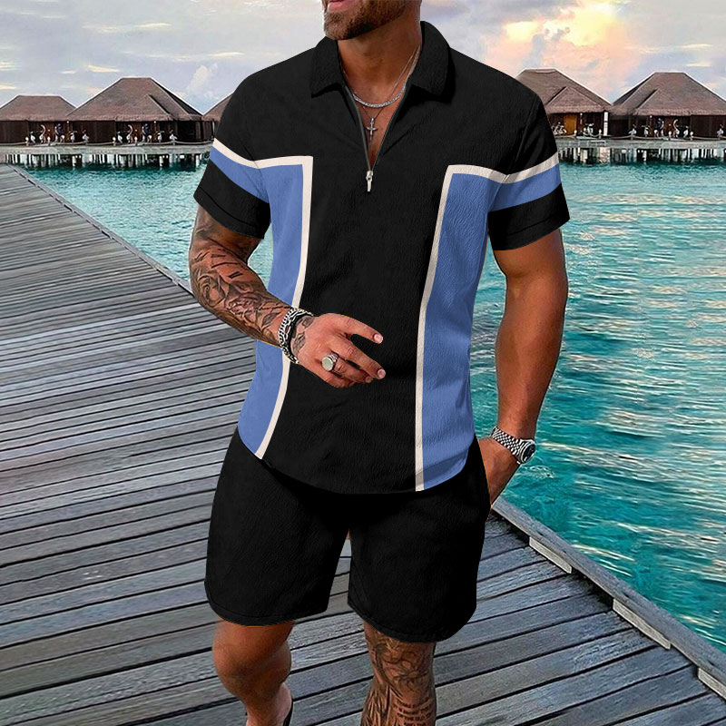 Men's Contrast Print Short Sleeve Polo Set