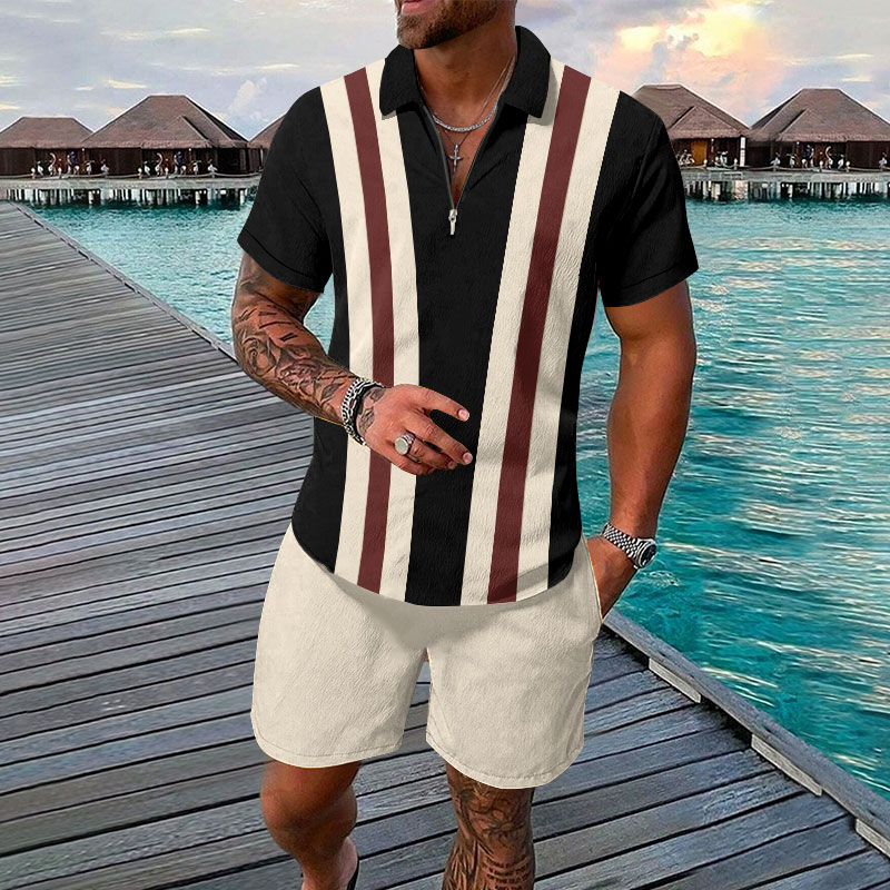 Simple Color Block Striped Print Short Sleeve Polo Set