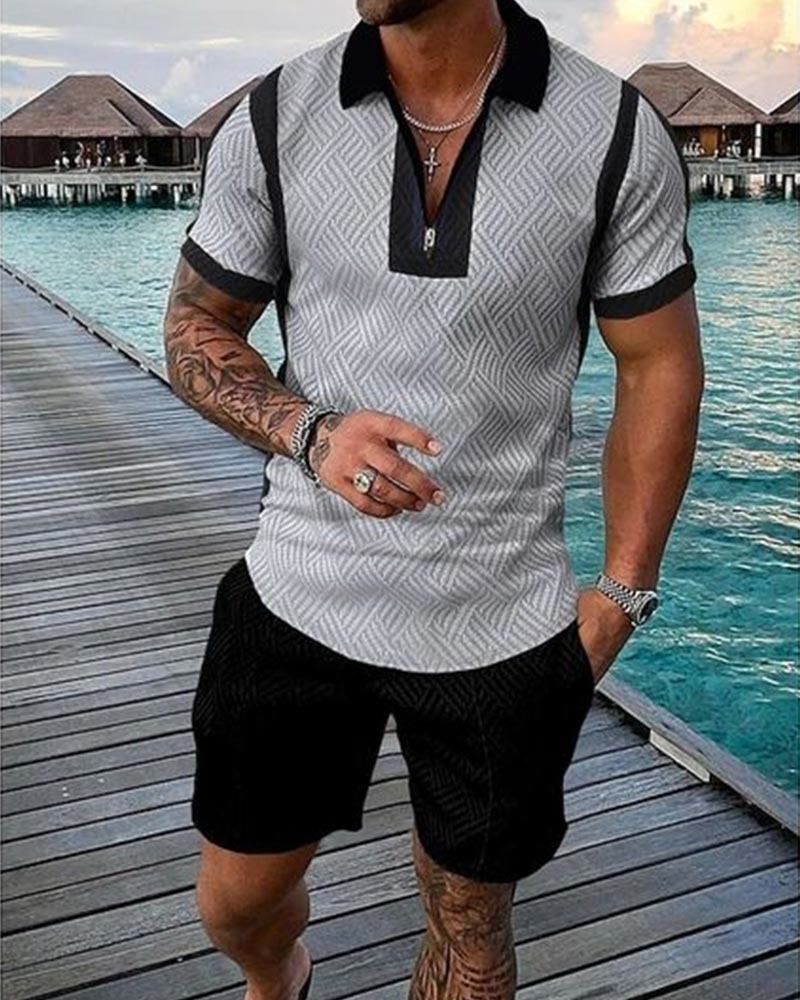 Men's Simple Casual Color Matching Printed Short-sleeved Polo Set