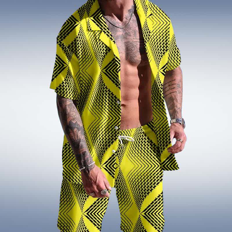 Geometric Abstract Cuban Collar Shirt Set