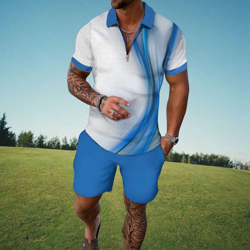 Men's Contrast Line Print Polo Set