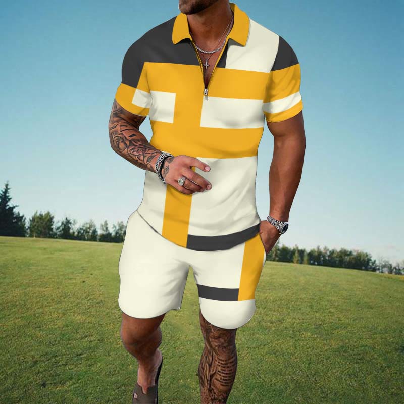 Men's Colorblock Geometric Print Polo Set