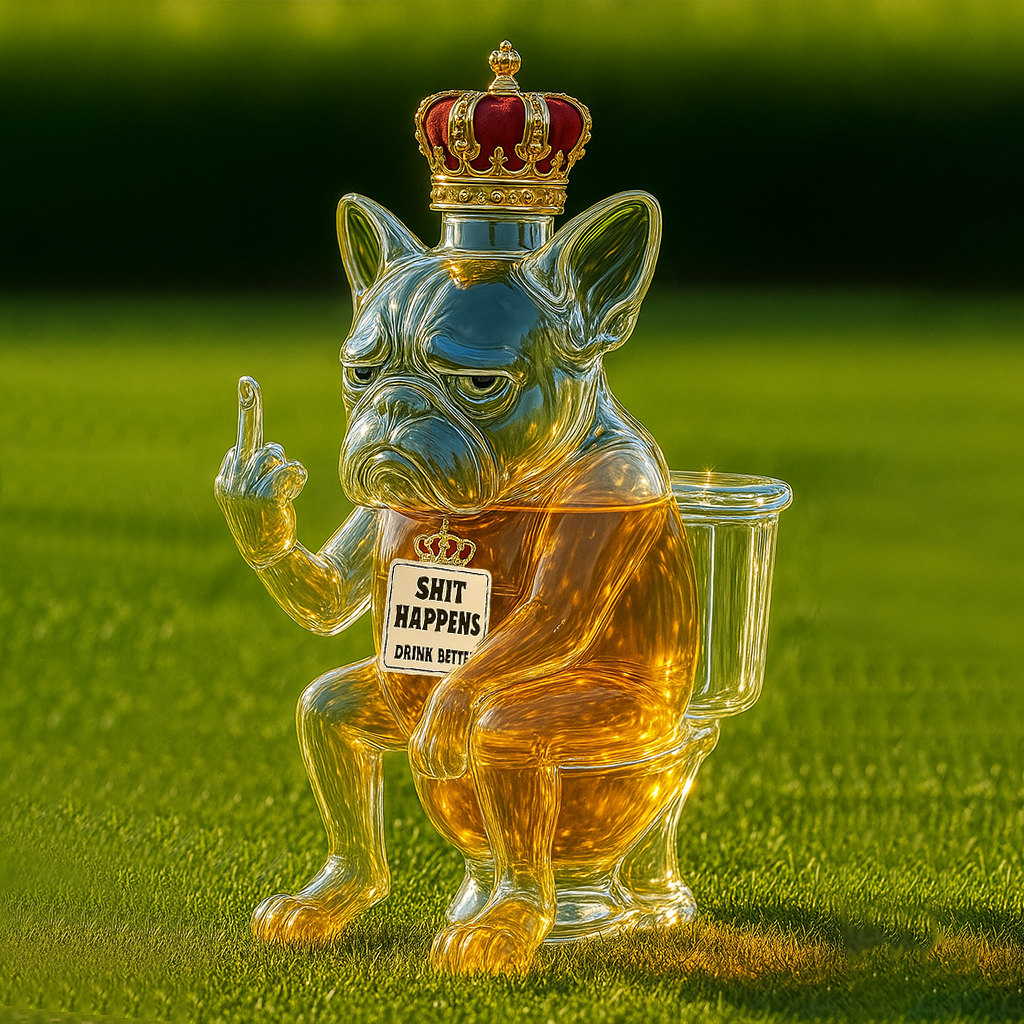 Middle Finger Bulldog Whiskey Bottle on Toilet