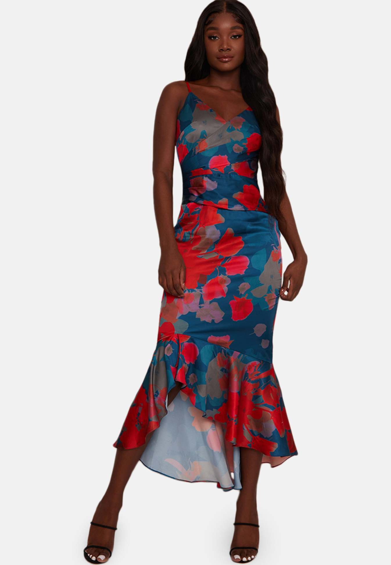 Sleeveless Floral Print Midi Dress in Navy | Chi Chi London UK