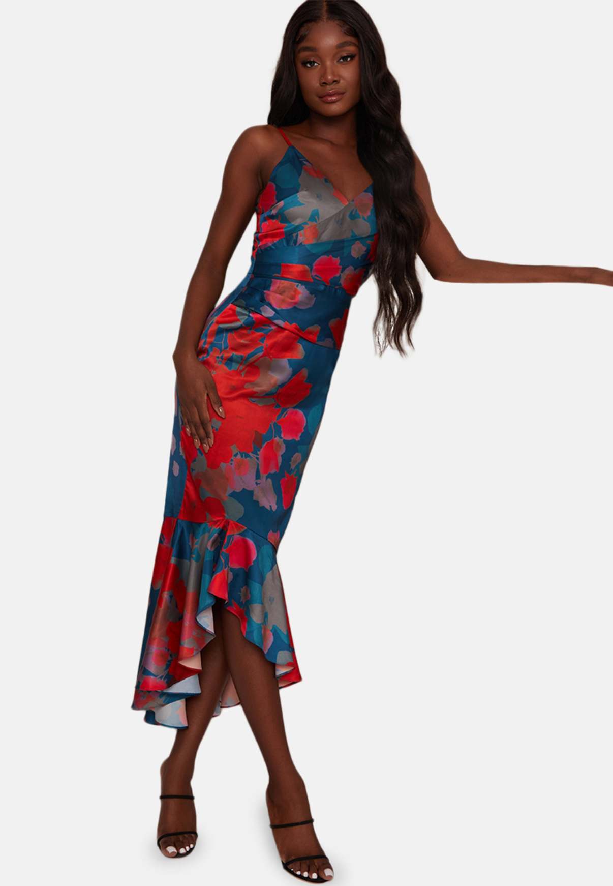 Sleeveless Floral Print Midi Dress in Navy | Chi Chi London UK