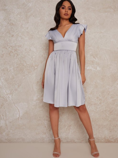 Ruffle Sleeve Midi Dress in Blue | Chi Chi London UK