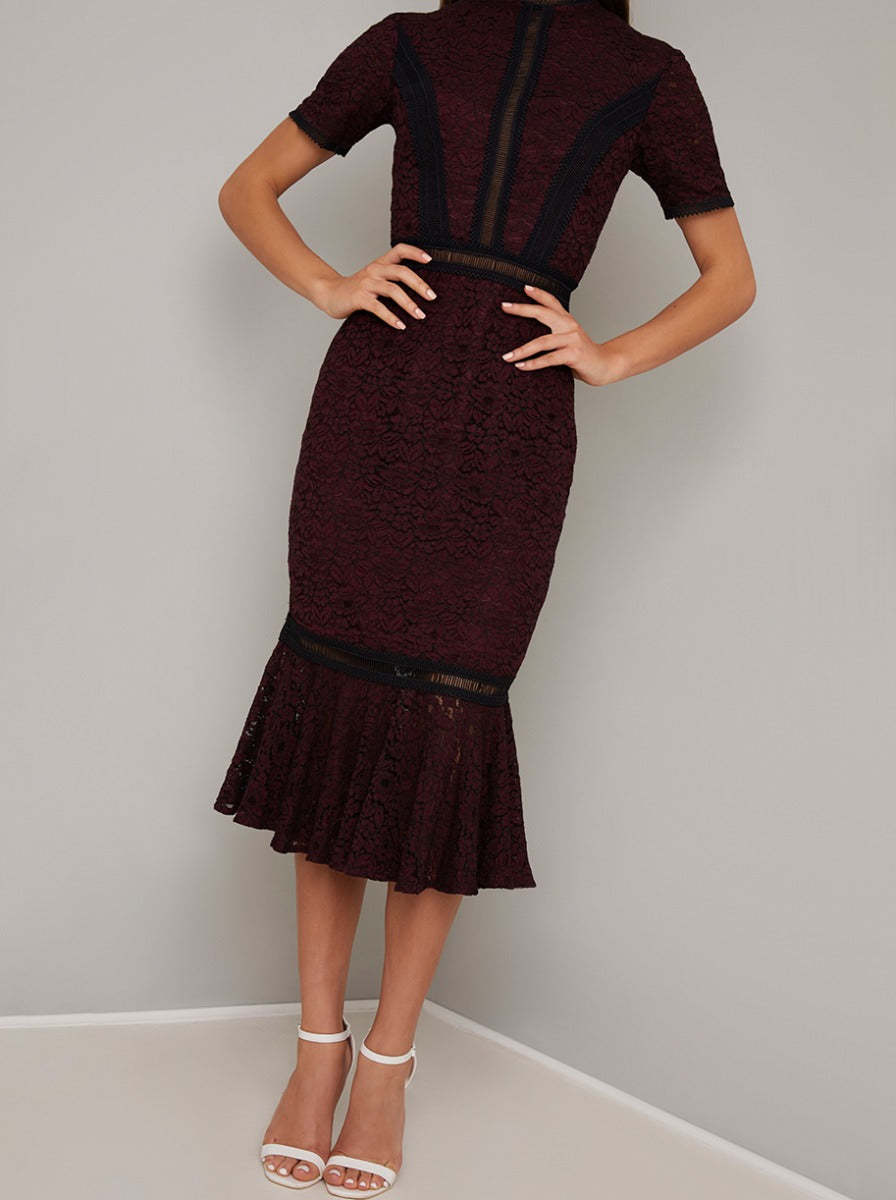 Lace Bodycon Midi Dress in Red | Chi Chi London UK