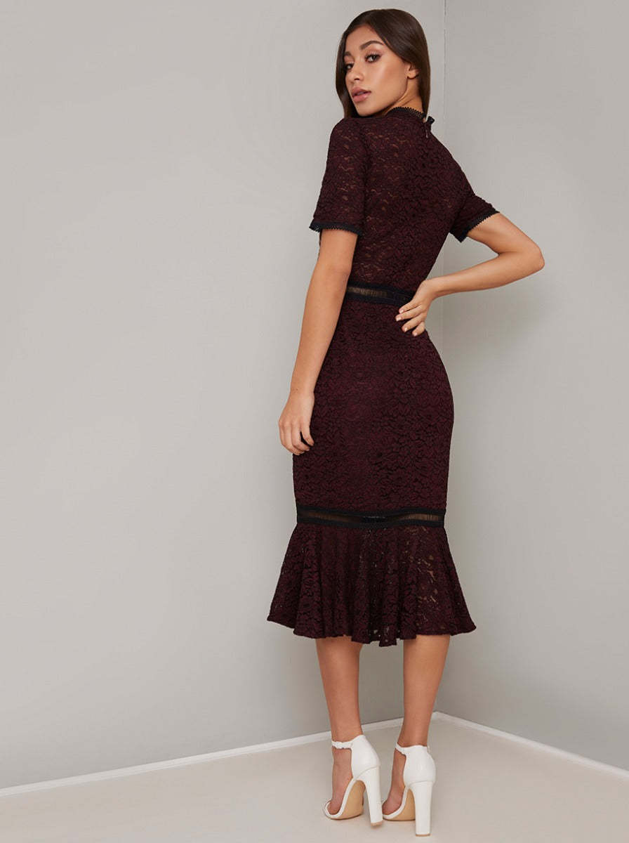Lace Bodycon Midi Dress in Red | Chi Chi London UK