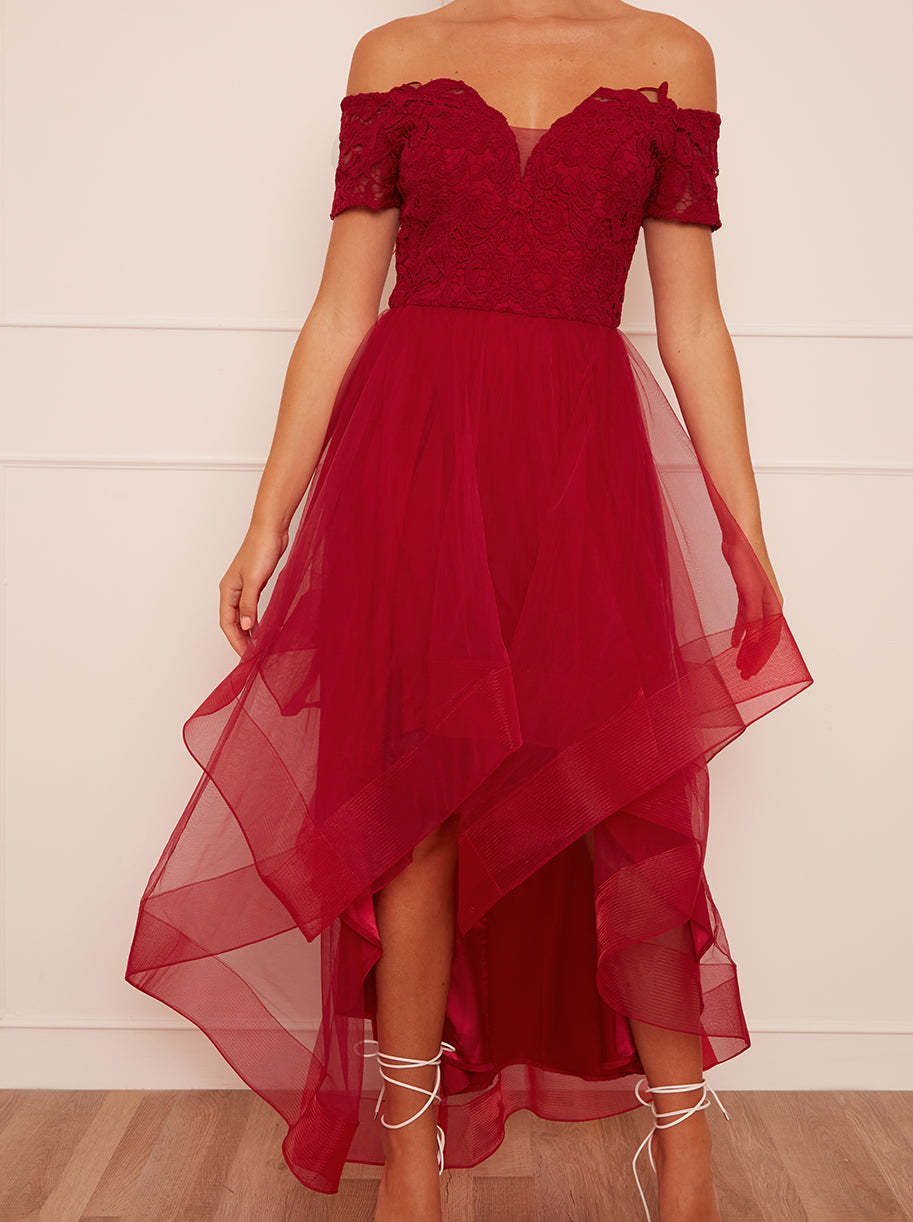 Bardot Premium Lace Dip Hem Dress in Red | Chi Chi London UK