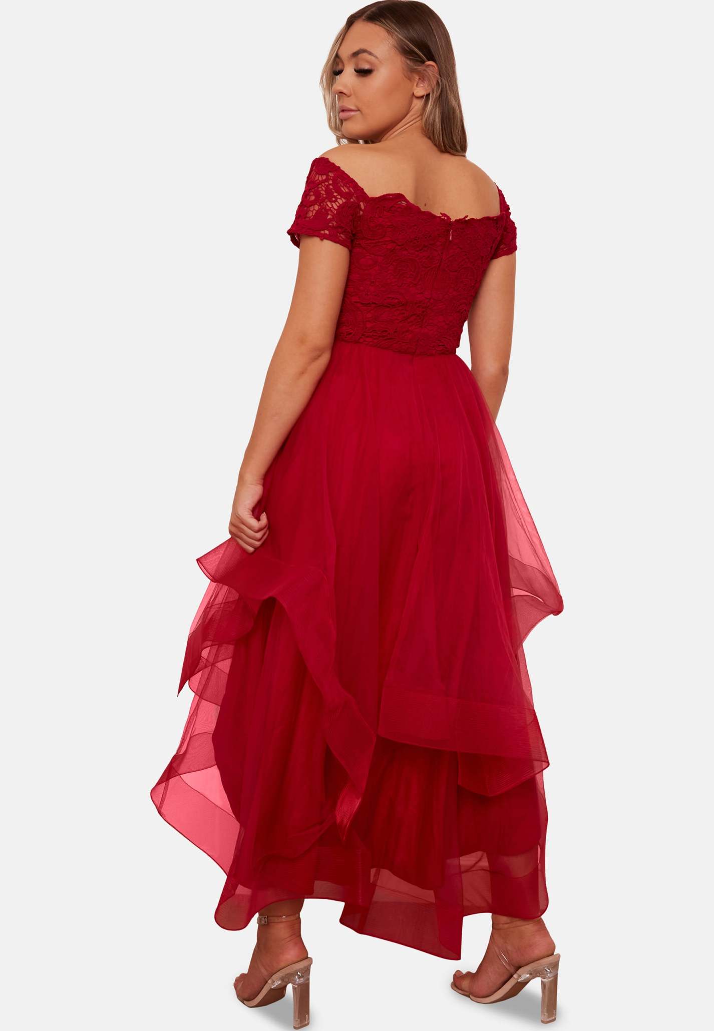 Bardot Premium Lace Dip Hem Dress in Red – Chi Chi London