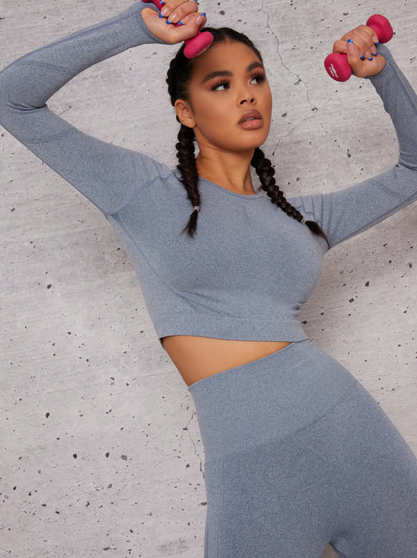 Long Sleeve Cropped Sports Top in Grey | Chi Chi London UK