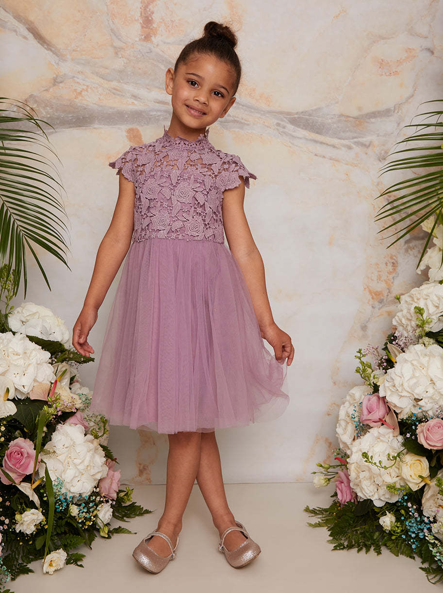 Girls Lace Bodice Cut Out Flower Girl Dress in Lilac | Chi Chi London UK