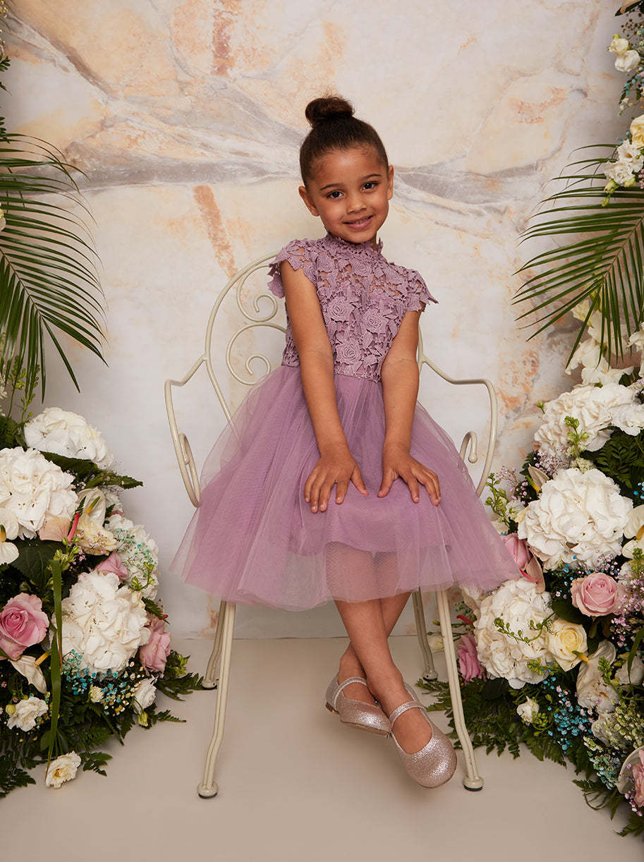 Girls Lace Bodice Cut Out Flower Girl Dress in Lilac | Chi Chi London UK