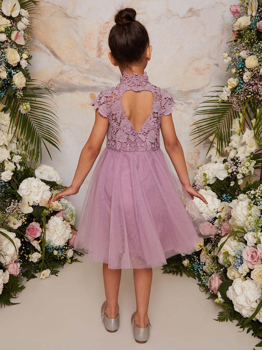 Girls Lace Bodice Cut Out Flower Girl Dress in Lilac | Chi Chi London UK