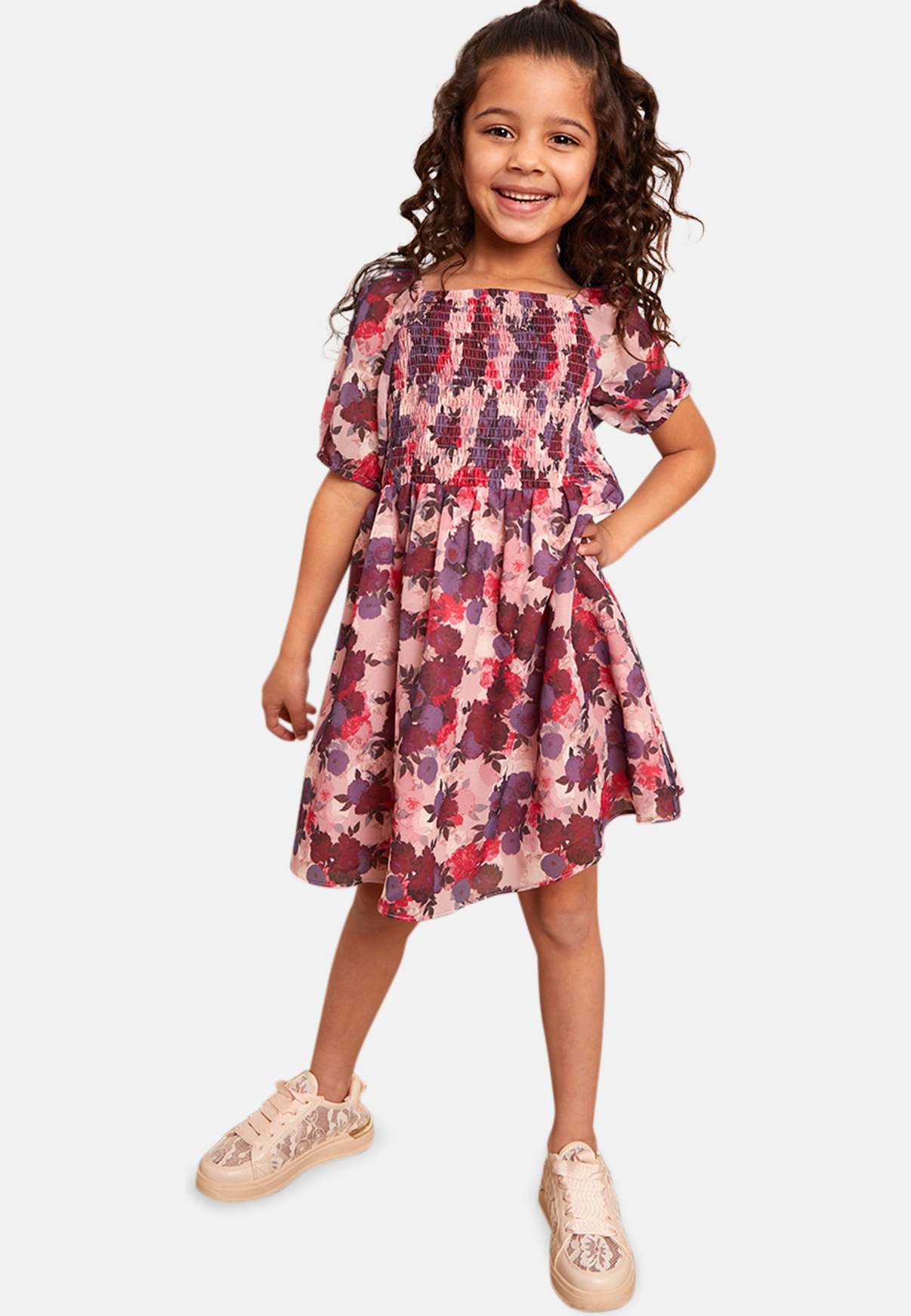 Younger Girls Shirred Bodice Floral Midi Dress in Pink | Chi Chi London UK