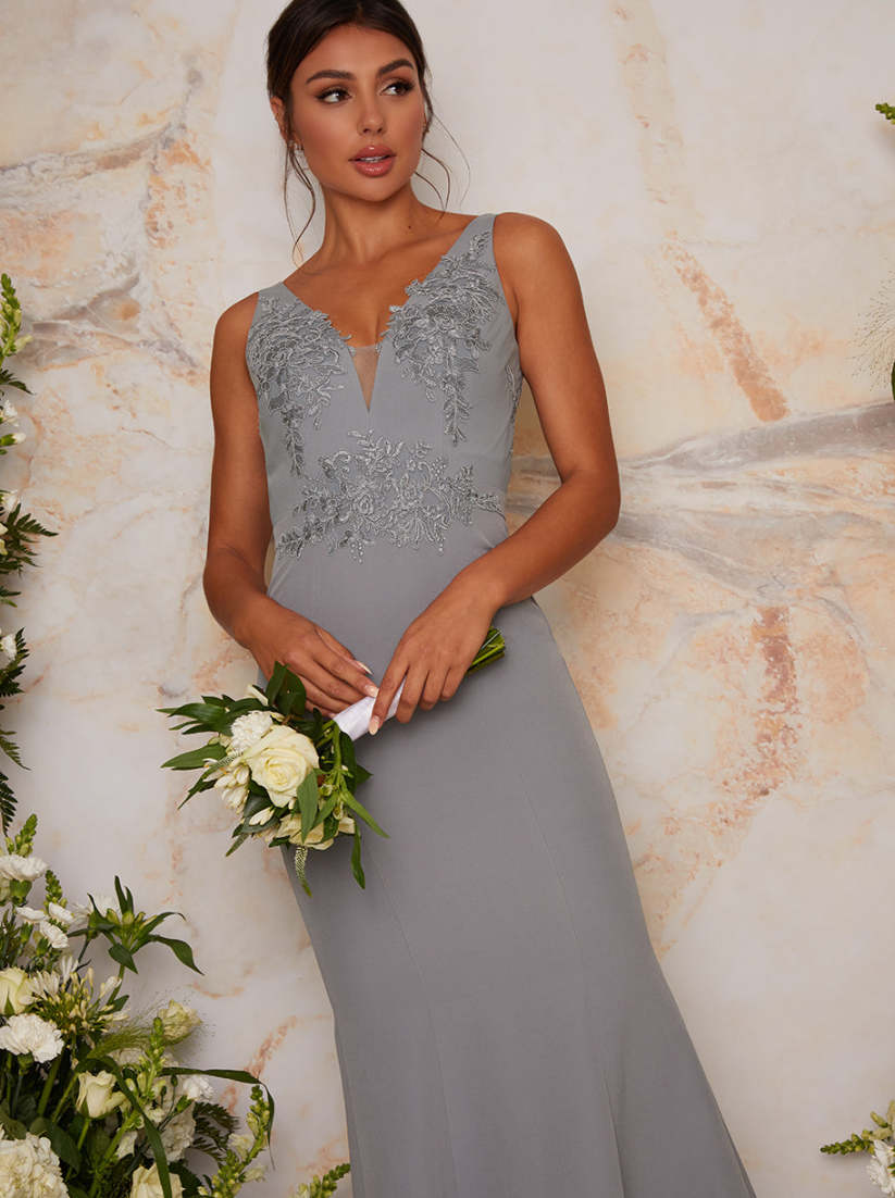 Lace Bodice Maxi Evening Dress in Grey | Chi Chi London UK