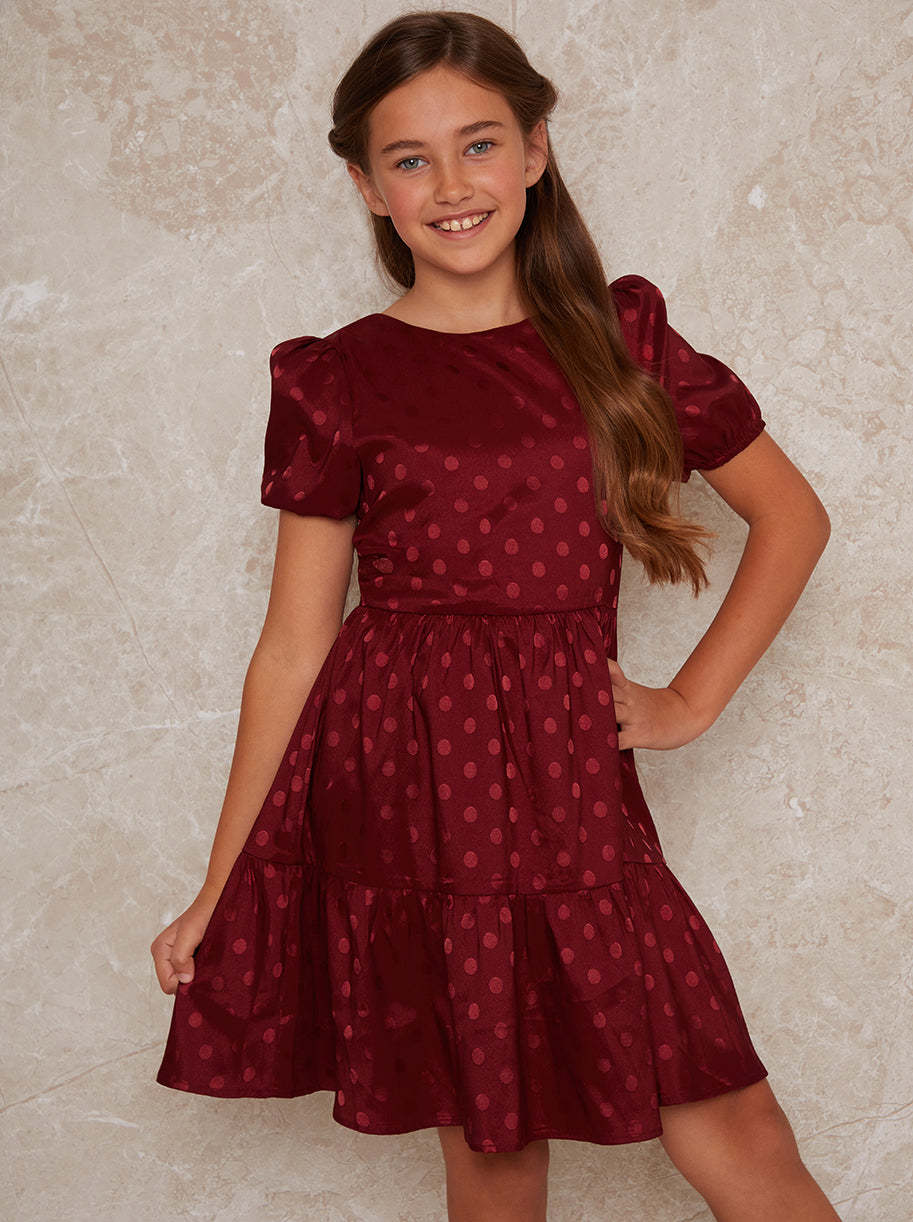 Girls Spot Print Satin Tiered Midi Dress Red | Chi Chi London UK