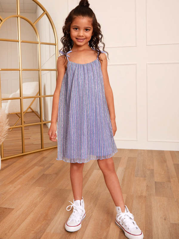 Younger Girls Cami Pleated Metallic Midi Dress in Blue | Chi Chi London UK